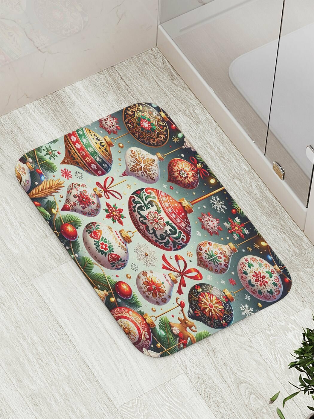 Коврик для ванной комнаты, туалета "Расписные шары" противоскользящий, 52х77 см, JoyArty, серия Новый год