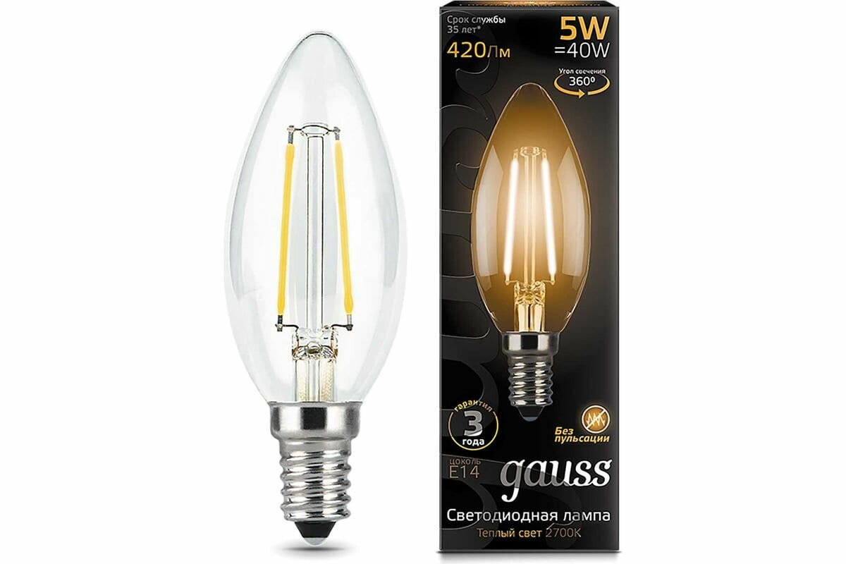 Лампа Gauss LED Filament Candle E14 5W 2700К SQ 103801105