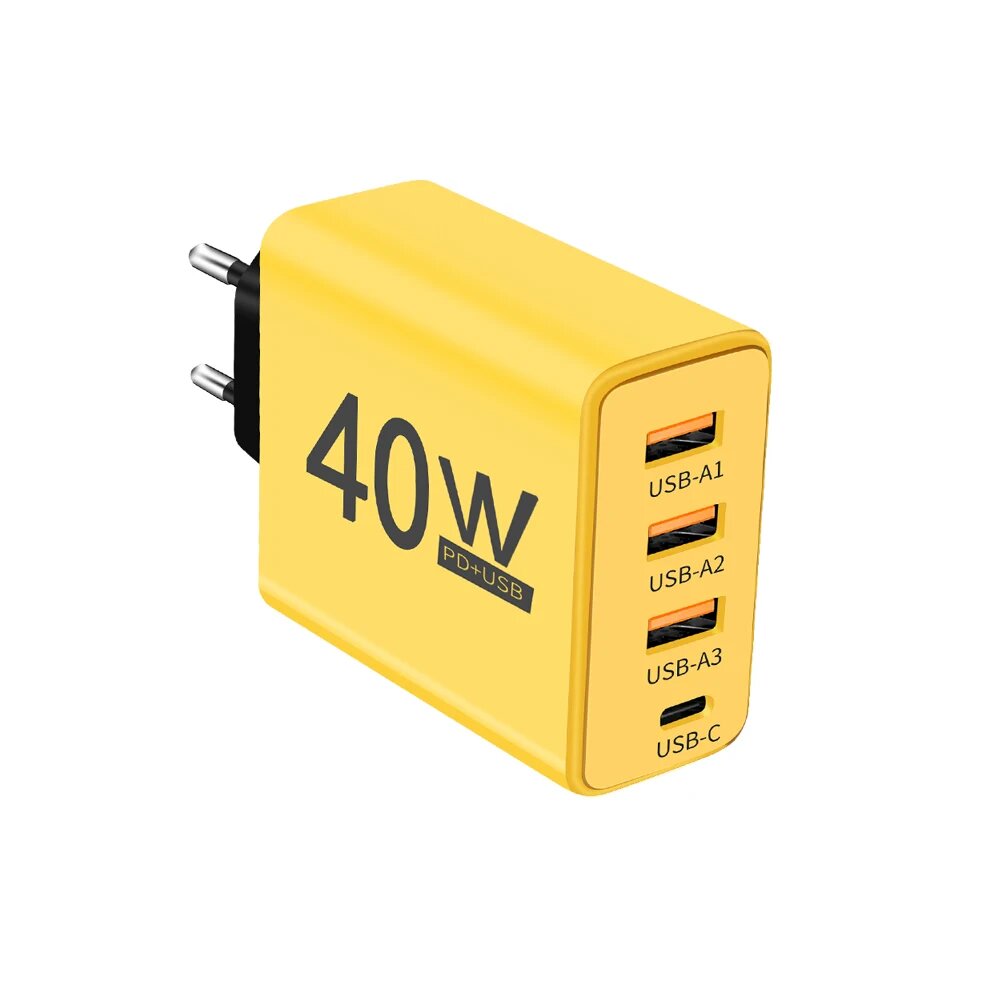 Сетевое зарядное устройство с 4 USB-портами и поддержкой быстрой зарядки, 40 Вт EU Yellow