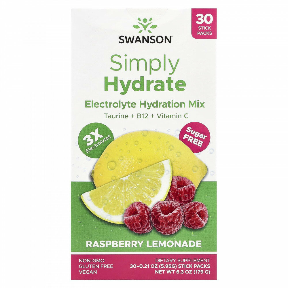 Swanson, Simply Hydrate, смесь для гидратации электролитов, малиновый лимонад, 30 пакетиков по 5,95 г (0,21 унции)