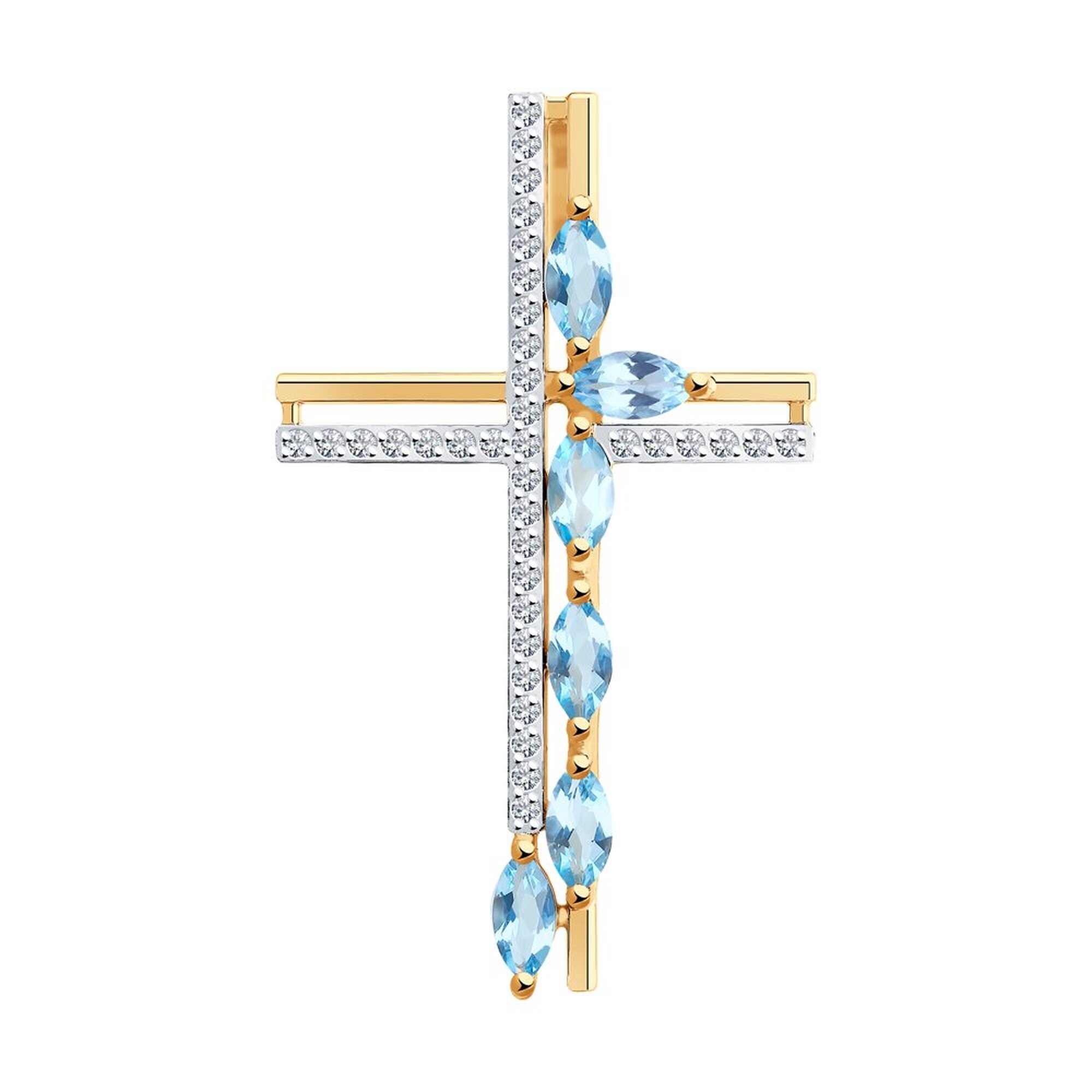 Крестик, красное золото, 585 проба, топаз, фианит