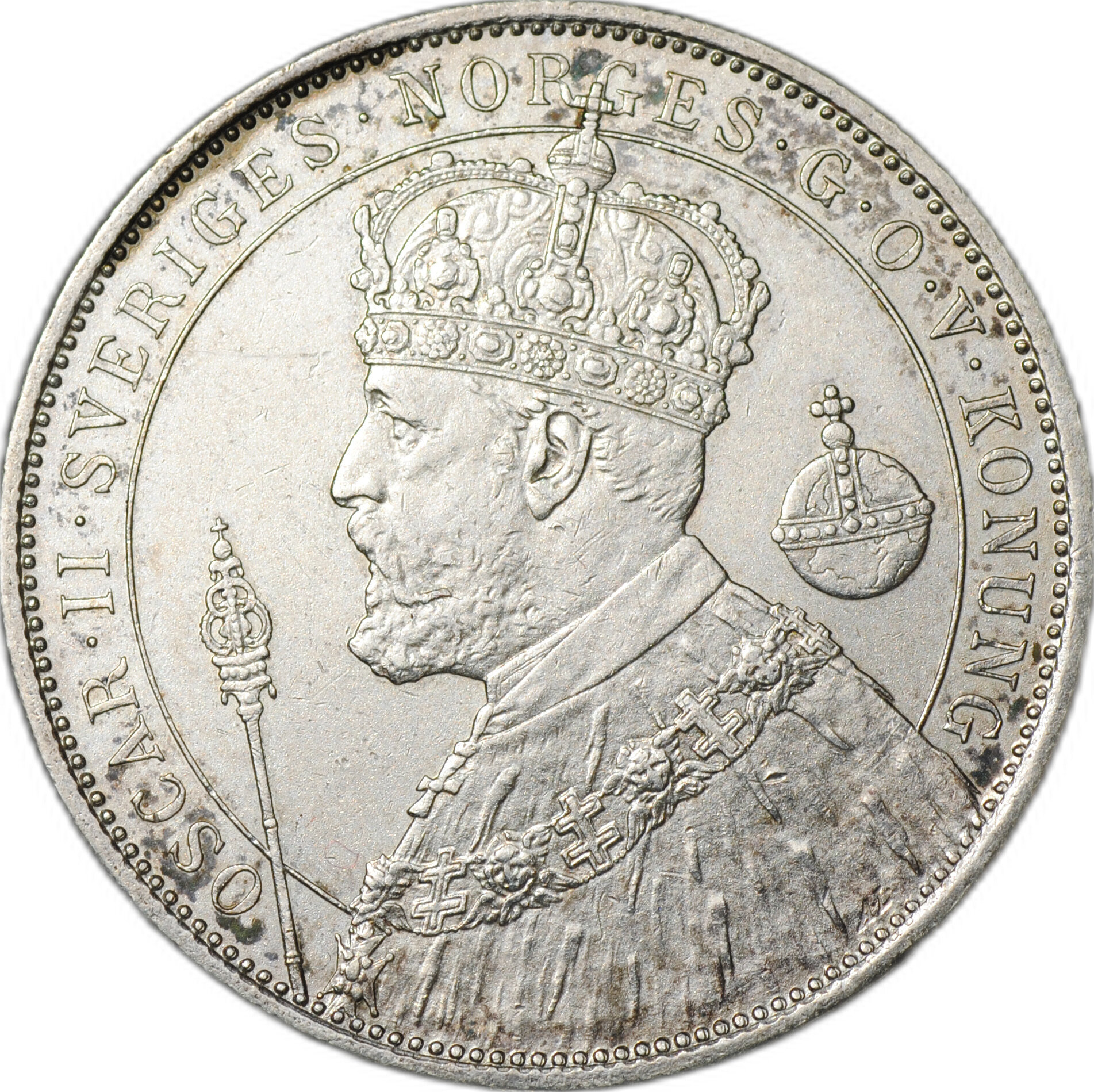 Монета 2 кроны 1897 25 лет правления Короля Оскара II Швеция