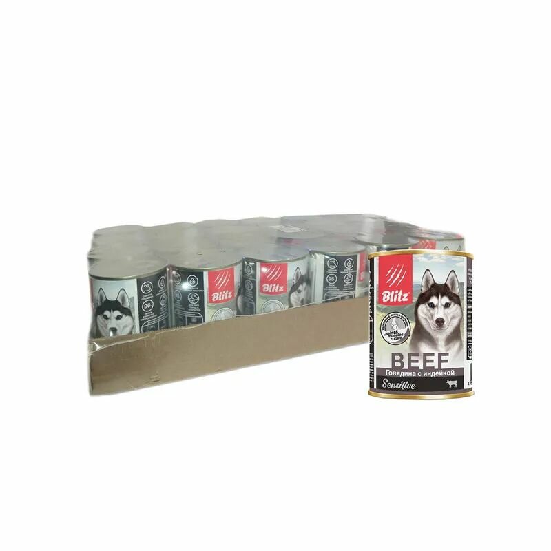 Консервированный влажный корм BLITZ Sensitive Dog для собак Говядина с индейкой. Гипоаллергенный, 6 шт по 400 г