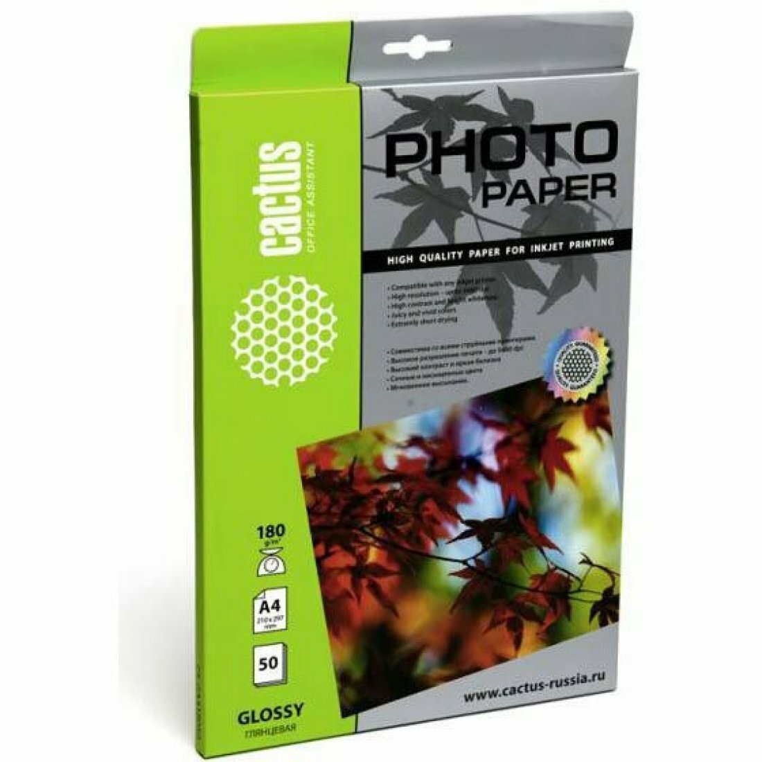 Фотобумага Cactus CS-GA418050 A4/180г/м2/50л./белый глянцевое для струйной печати