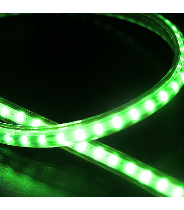 Светодиодная лента 220В. IP67. Цвет свечения: Зеленый. Катушка 100 метров (вилка, заглушка, пин в комплекте)