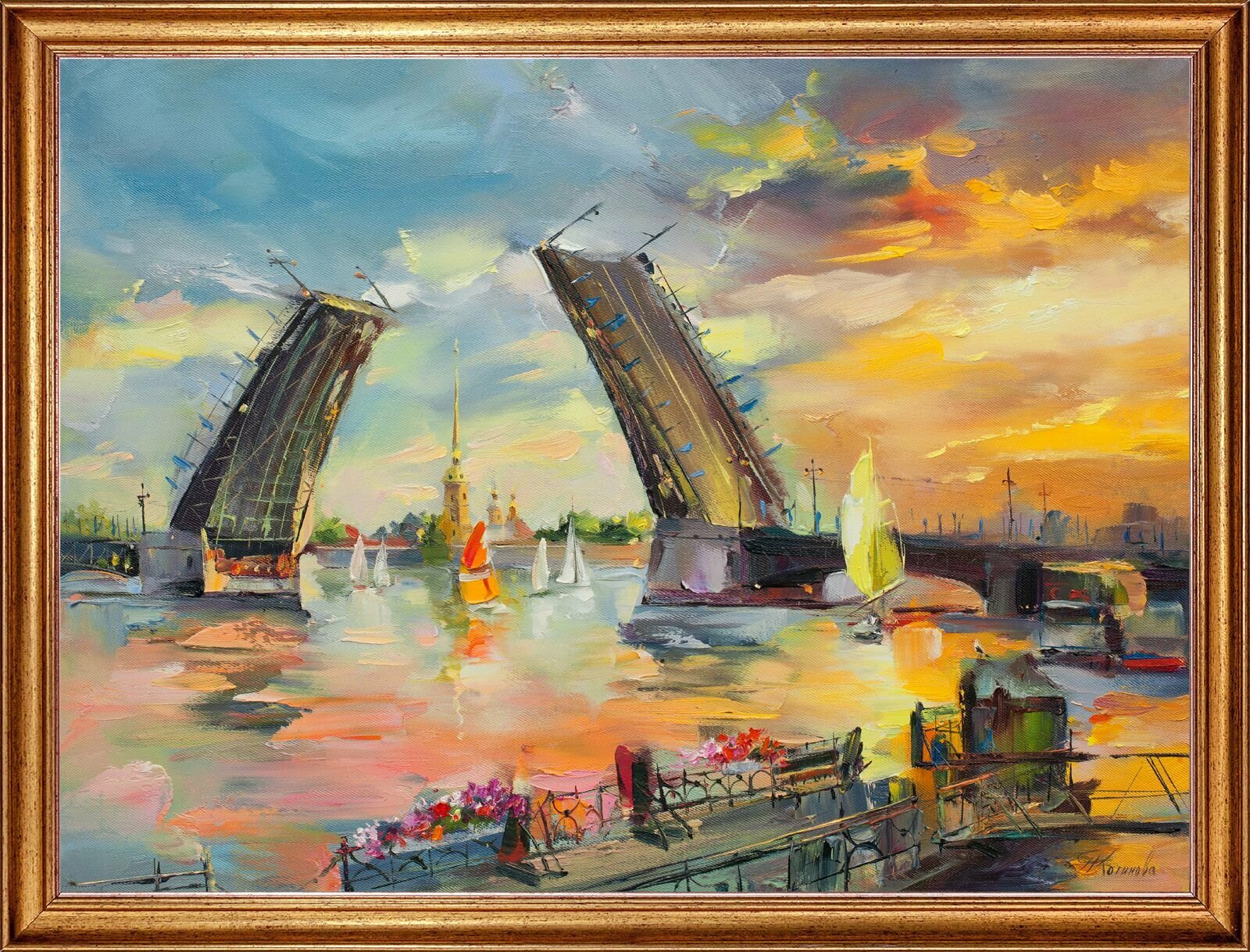 Картина на холсте "Нева. Петропавловка. Парусники" 80х60 см, художник - Котинова Галина. Холст на деревянном подрамнике, оформлена в багет, Арт. КГ-х23