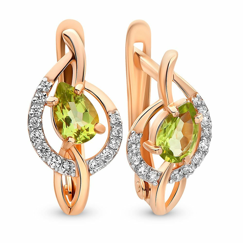 Серьги, красное золото, 585 проба, родирование, фианит, хризолит