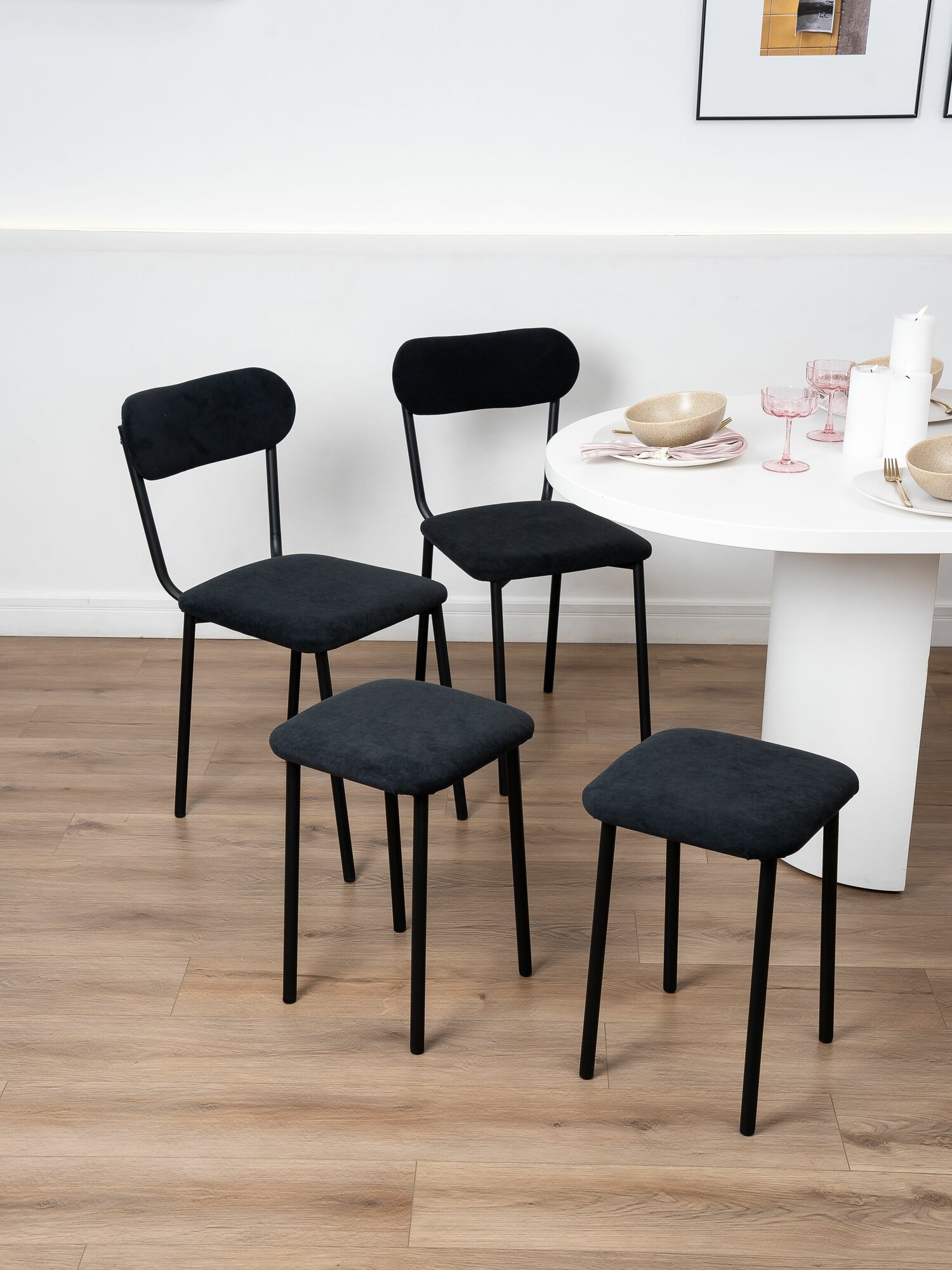 Стулья для кухни 2 шт и табурет 2 шт мягкие, комплект для обеденной зоны, велюр, 43 х 41 х 81 см, Черный
