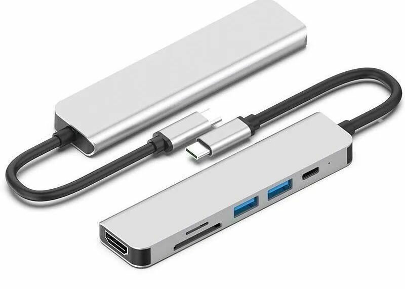 Адаптер переходник 6 в 1 Type-С 2xUSB 2.0, HDMI Power Delivery + SD и TF карты памяти / Разветвитель USB-C HUB 3.0 / Подходит для MacBook