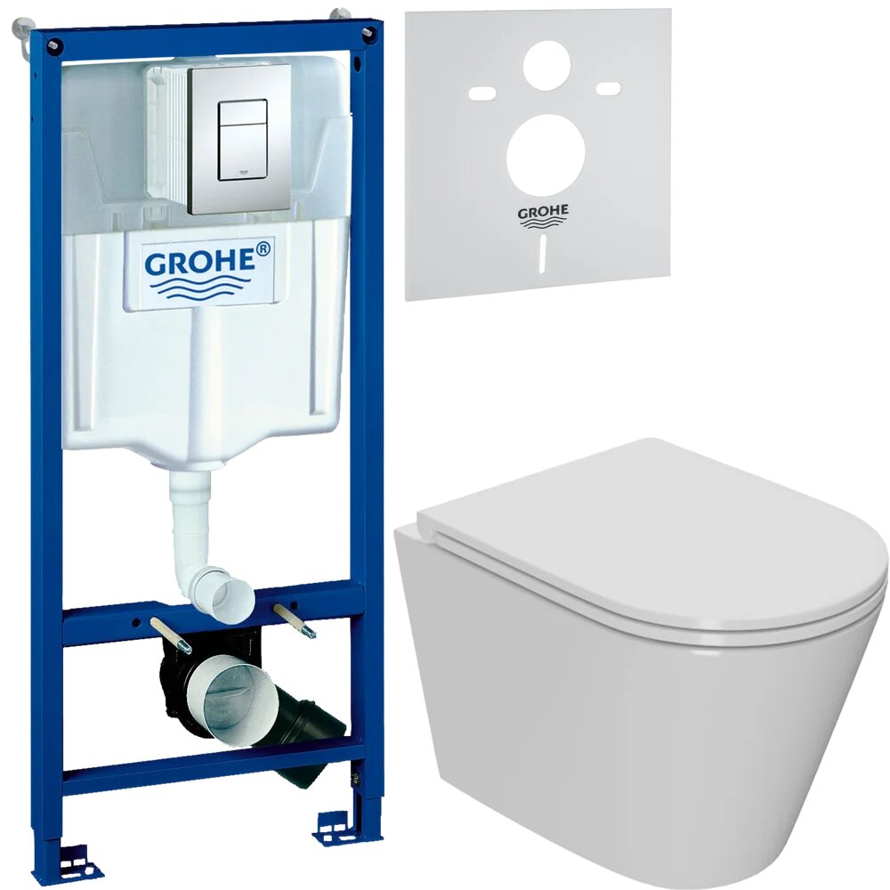 Комплект 3 в 1 Унитаз подвесной Bauedge Bau Nimb Hurricane3 / Инсталляция с кнопкой Grohe Rapid SL 38772001 цвет хром / Звукоизоляция 37131000