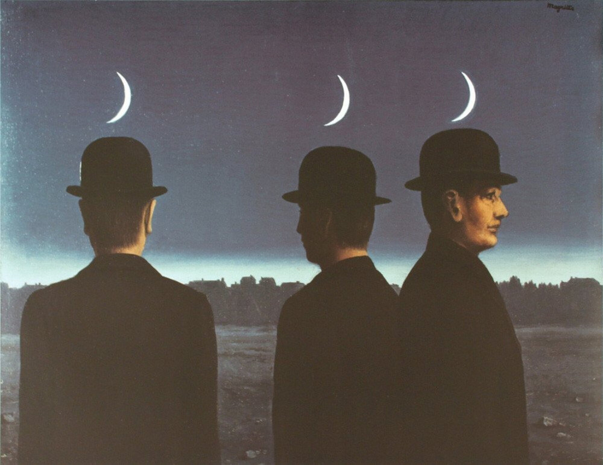 Плакат, постер Рене Магритт: три котелка в сумерках реальности на бумаге, размер 21х30см