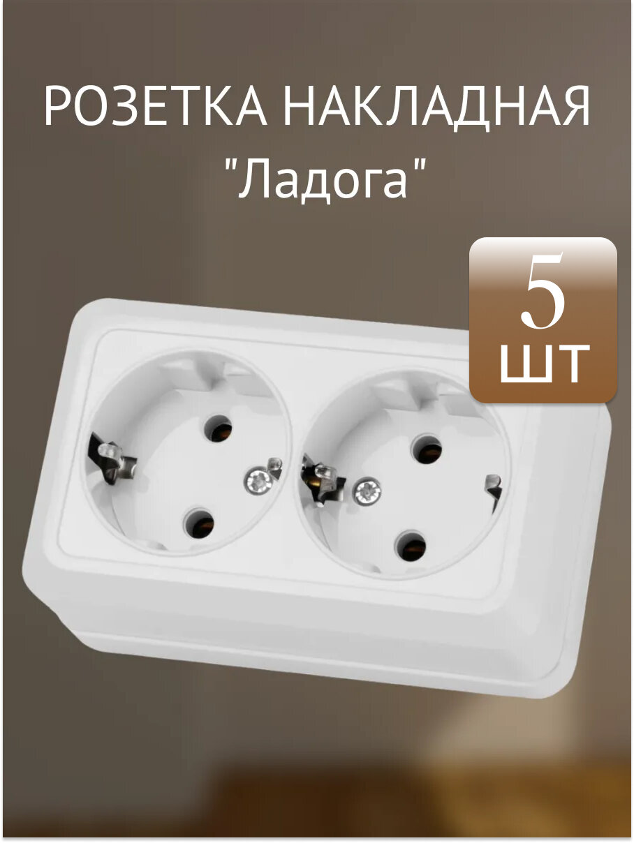 Розетка двойная TDM ELECTRIC Ладога с заземлением, 16А, 250В, IP20, белая, для открытой проводки (комплект из 5 шт.)
