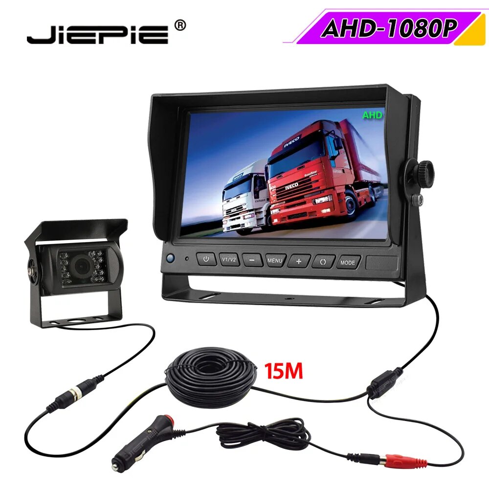 JIEPIE Автомобиль AHD 1080P система камеры заднего вида с 7" монитором+комплект камеры заднего вида AHD для грузовика автобуса парковка система заднего вида, Camera Monitor-15m