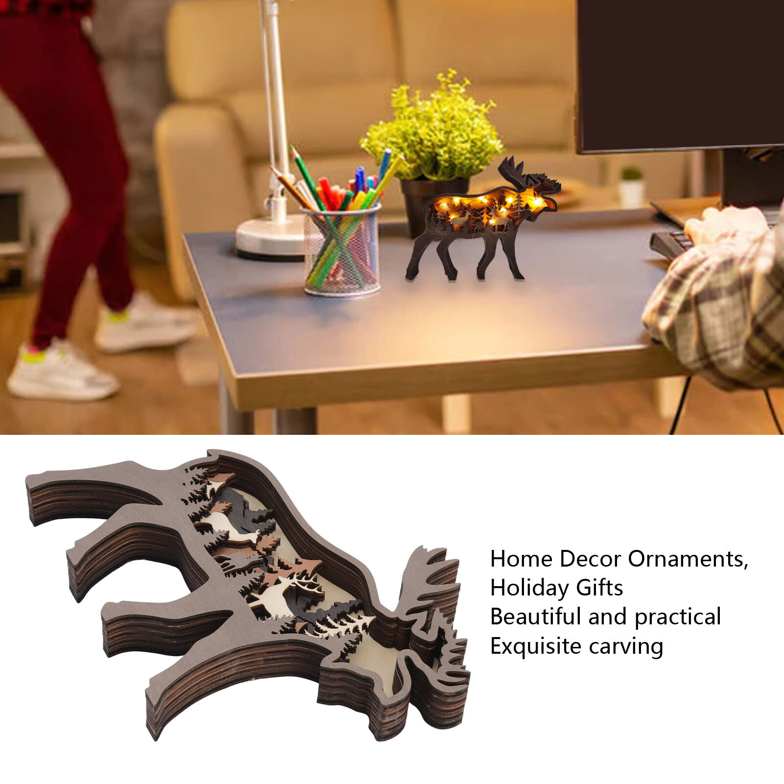 Деревянная статуя животного, изысканная резьба, изысканные детали, поделки из дерева с изображением животных, гирлянда для подарков, украшение дома, олень