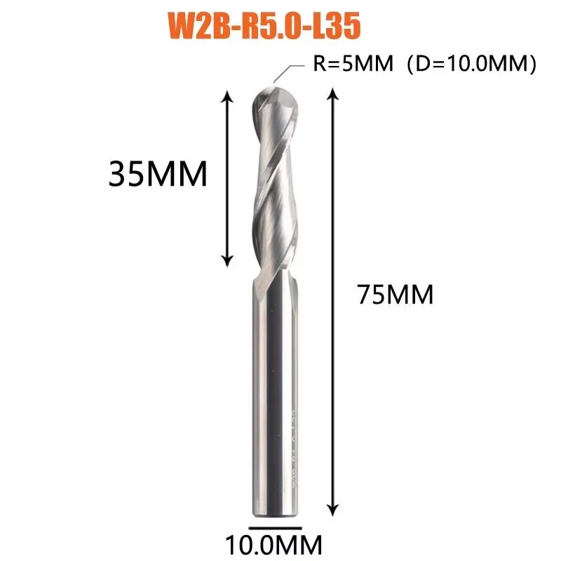 Фреза сферическая W2B-R5.0-L35, R=5мм, L=35мм