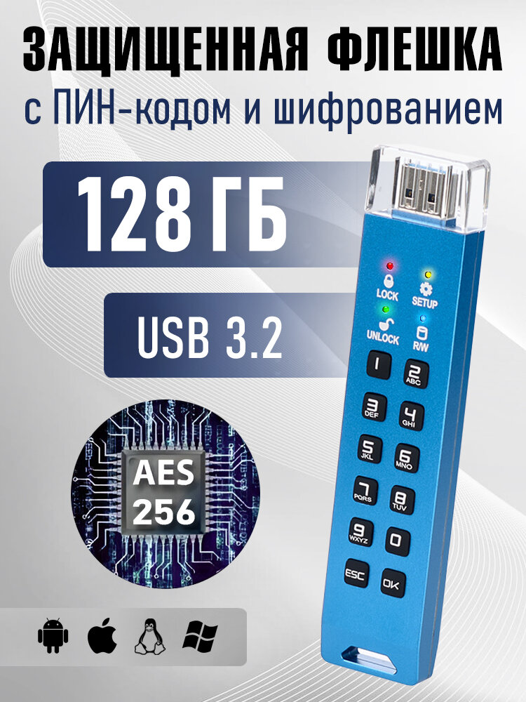 Флешка с шифрованием данных DataLock PRO4 Blue 128 Gb USB 3.2