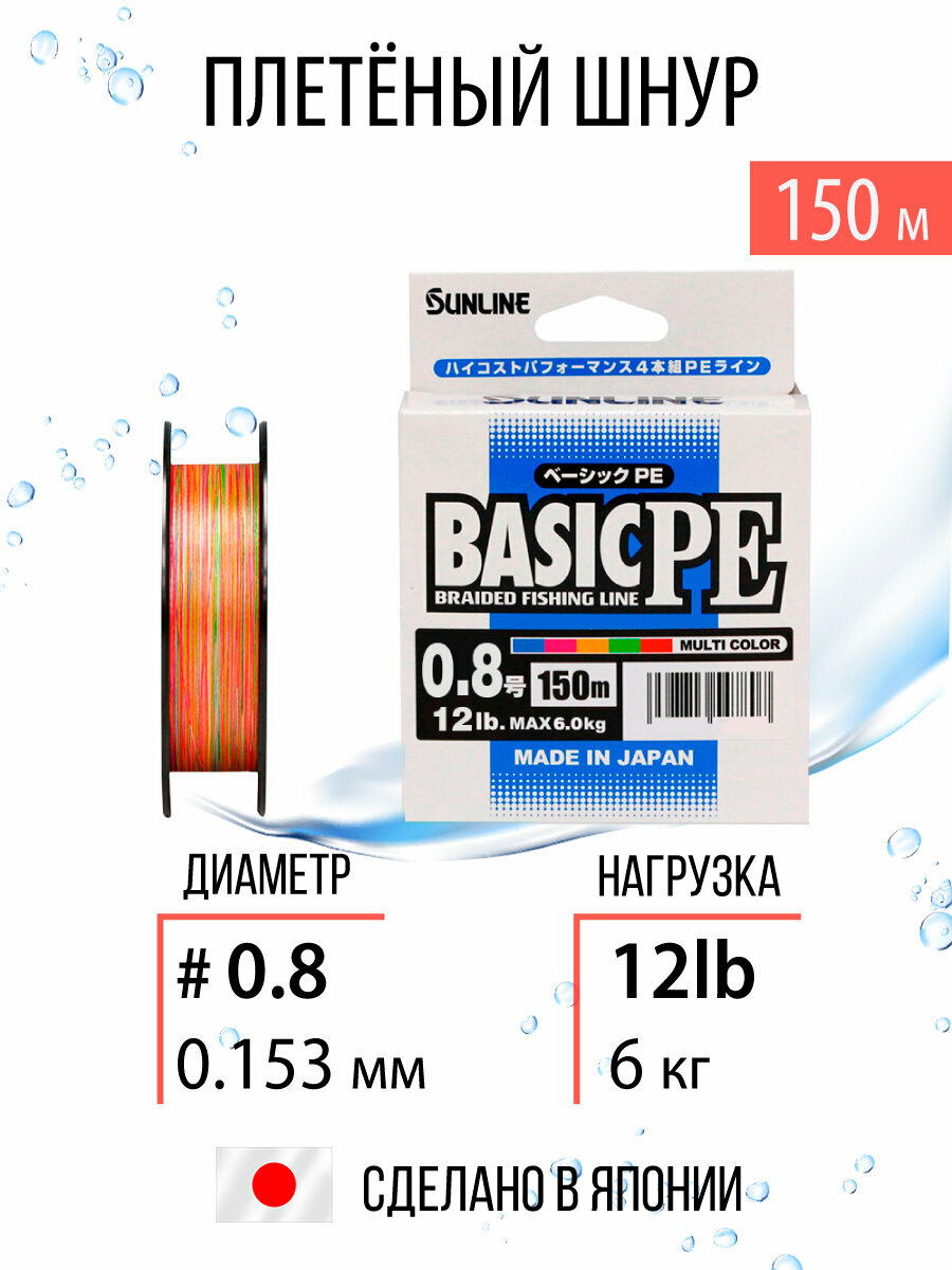 Шнур для рыбалки плетеный BASIC PE HG #0.8/12lb 150m Multi Color, плетёнка рыболовная, леска для спиннинга.