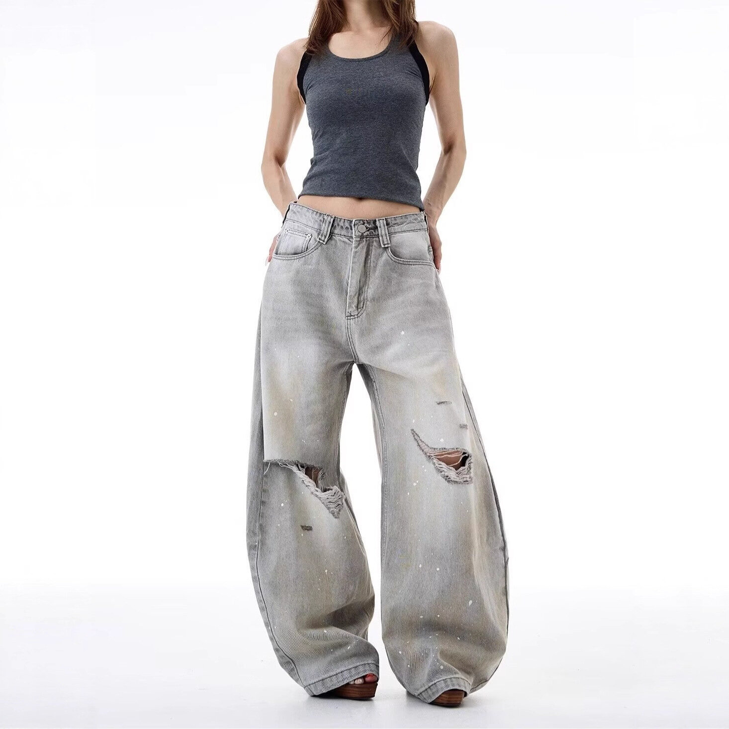 Женские джинсы Версия повышения Американские винтажные рваные — ошитые серые прямые свободные cleanfit штаны