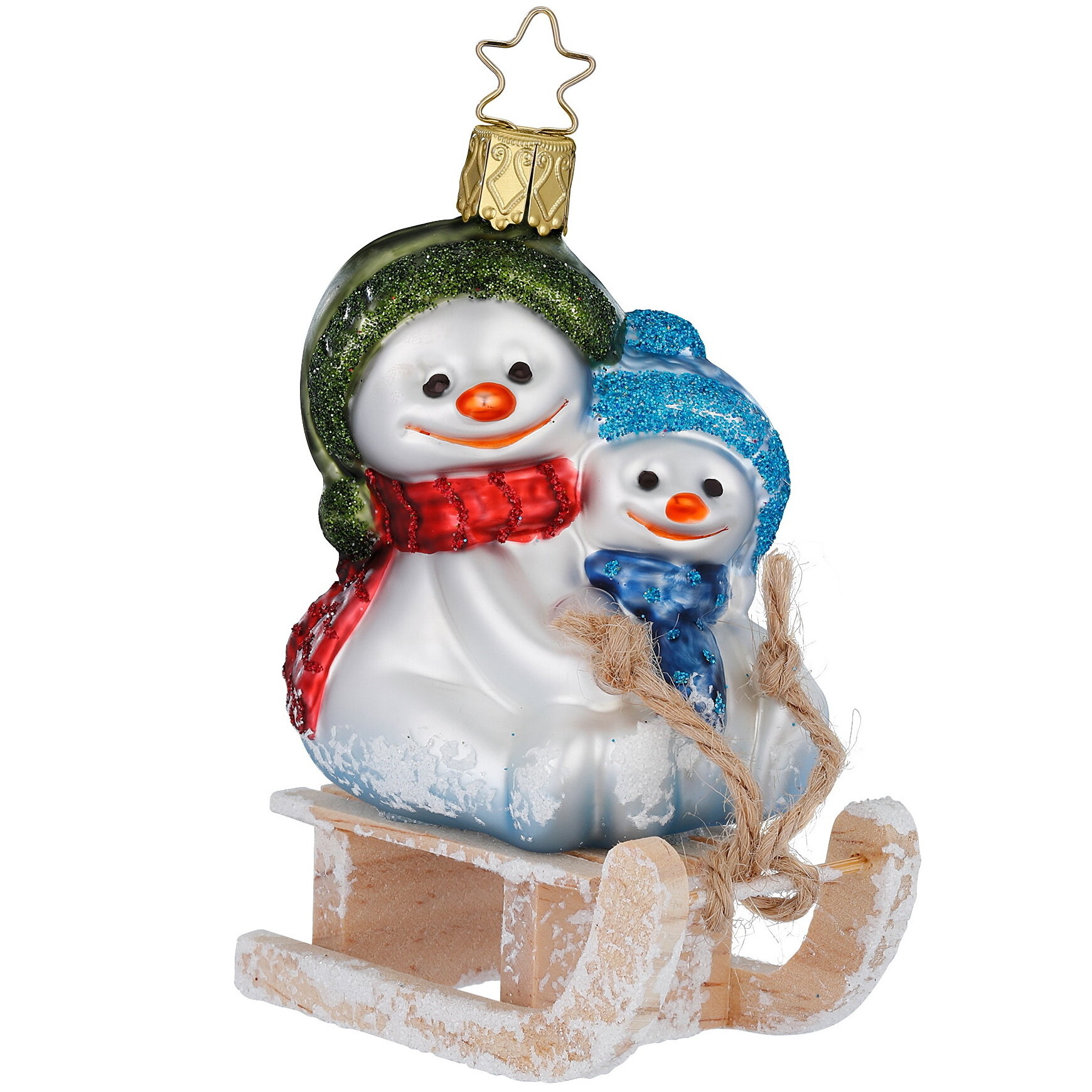 Стеклянная елочная игрушка Снеговички - Sledding Fun 11 см, Inge Glas, 10017S022