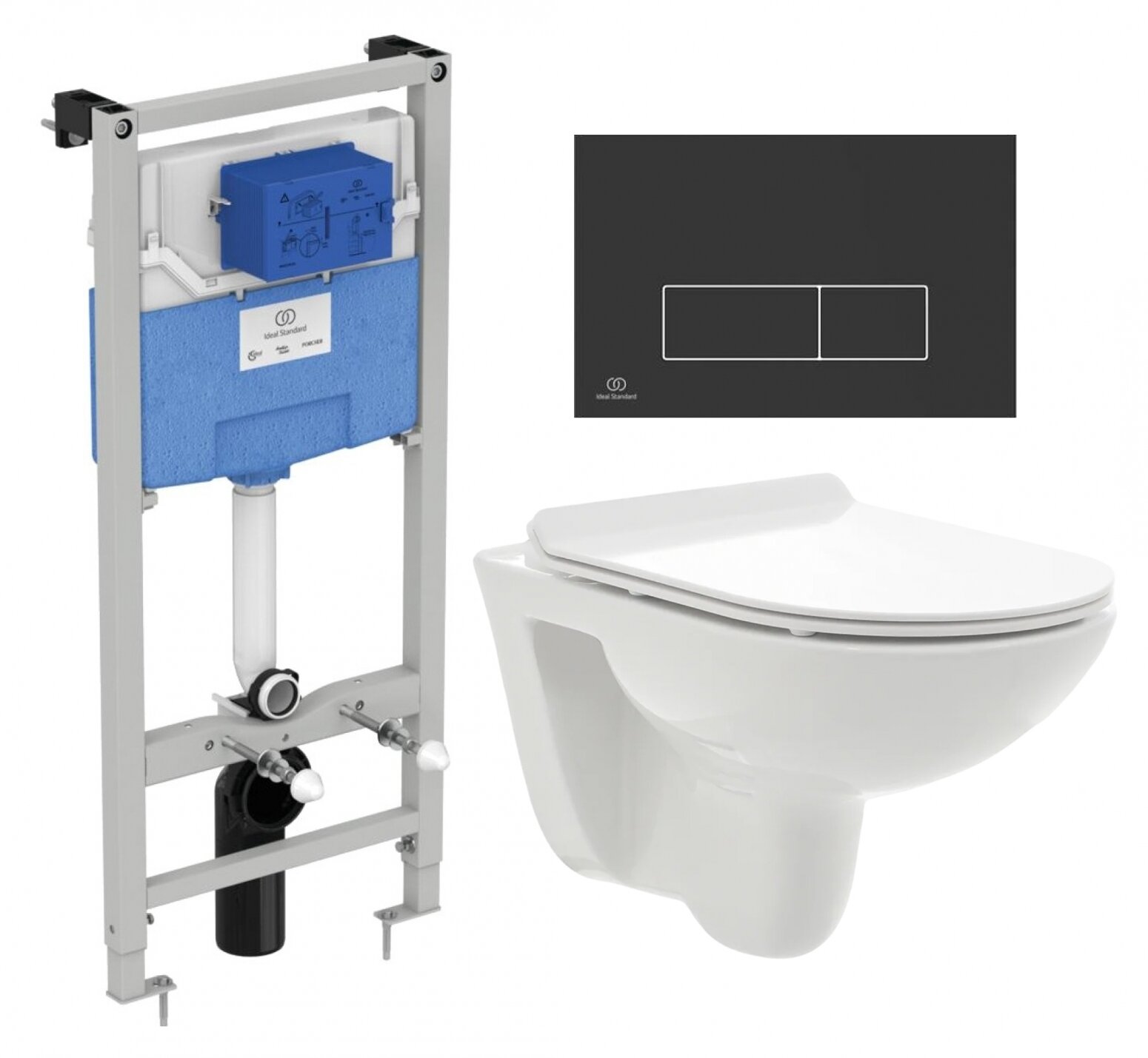 Комплект 3 в 1 инсталляция Ideal Standard + Унитаз подвесной AQUAme AQM2008 + кнопка черная