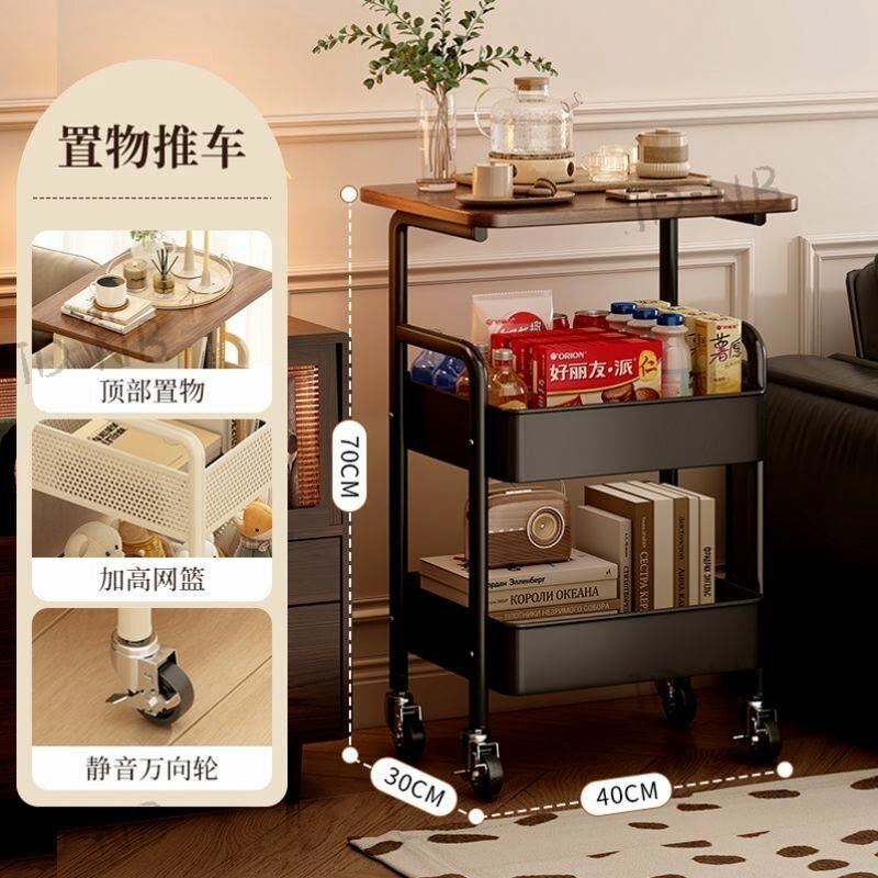 Передвижная тележка, несколько столов у дивана, столик с колесами в гостиной, держатель для закуски возле кровати в спальне