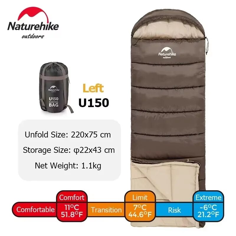 Naturehike одноместный полиэстеровый спальный мешок удлиненный (-10°C)