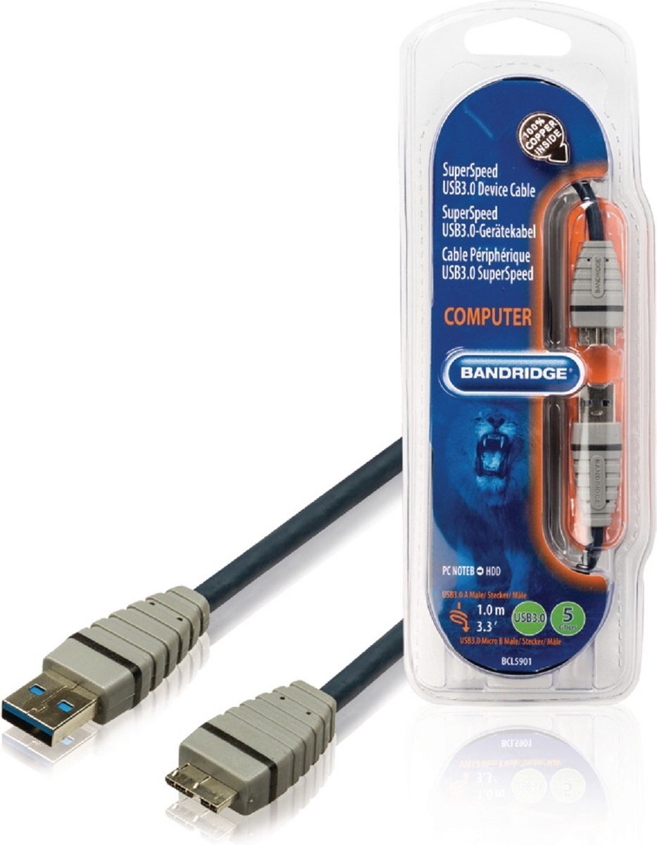 Шнур USB AM-microUSB 3.0 2.0 метра Bandridge BCL5902 синий/серый