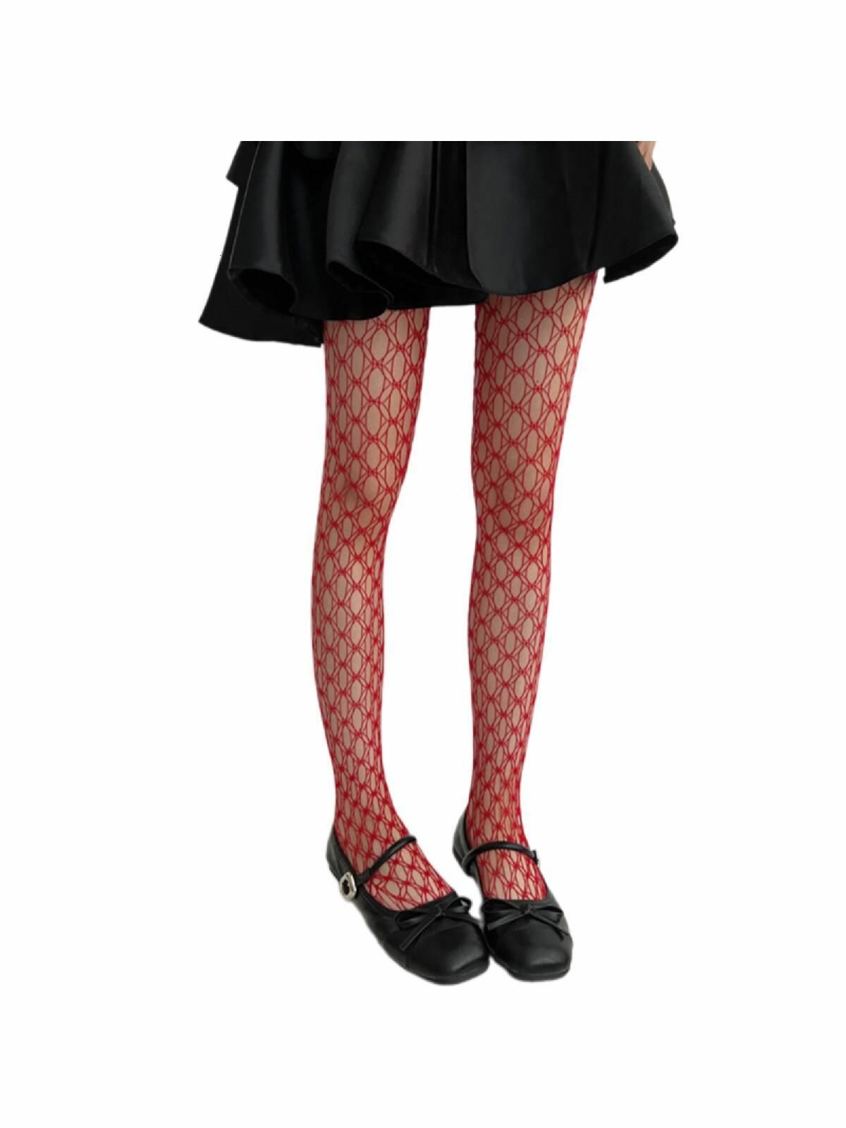 Сетчатые колготки с геометрическим узором, красный