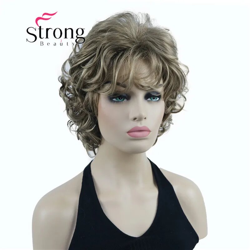 StrongBeauty Синтетический парик, короткие кудрявые, блондинка, мелирование 14-24