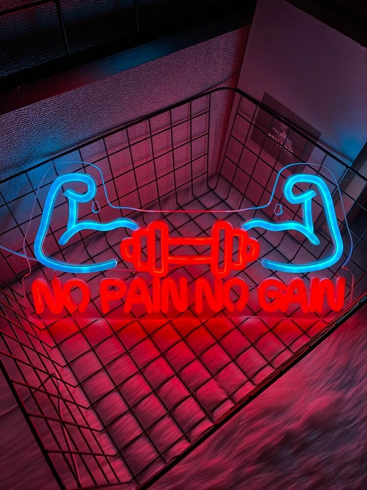 Без труда не выловишь рыбку из пруда неоновые вывески, светодиодные лампы в форме мышц и гантелей, идеально подходящие для нужд спортивных залов и фитнес-клубов.