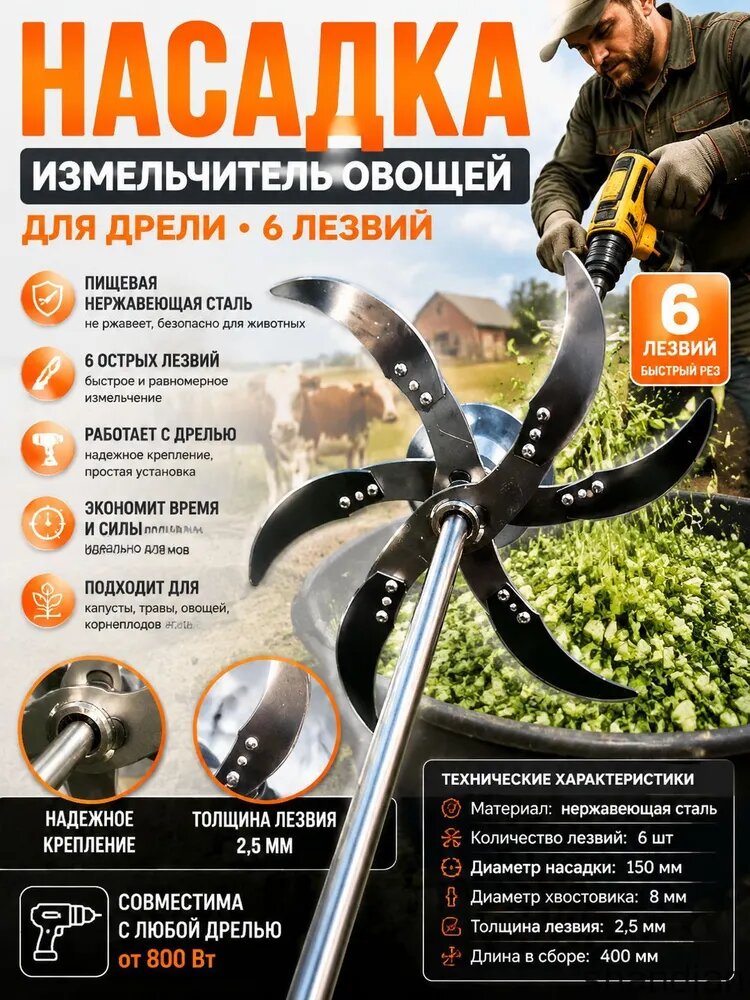 Мощный садовый измельчитель с электродвигателем 800 Вт, 6 лезвий, серебристый