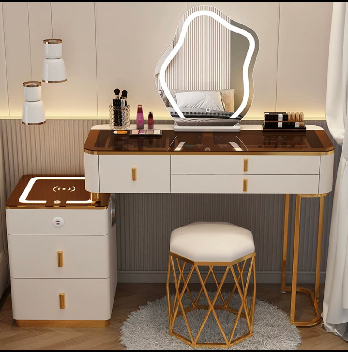 Туалетный столик MoonMalika (Стол 100см белое основание/ коричневое стекло /фигурное зеркало/табурет)