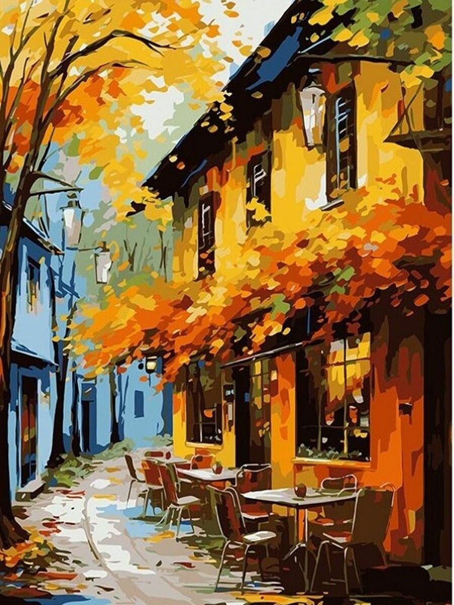 Картина по номерам 40*50 см на цветном холсте "Кафе на осенней улочке"