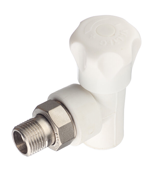 Клапан полипропиленовый Valtec 20 мм х 1/2 НР(ш) для радиатора с американкой угловой (VTp.718. V.02004)