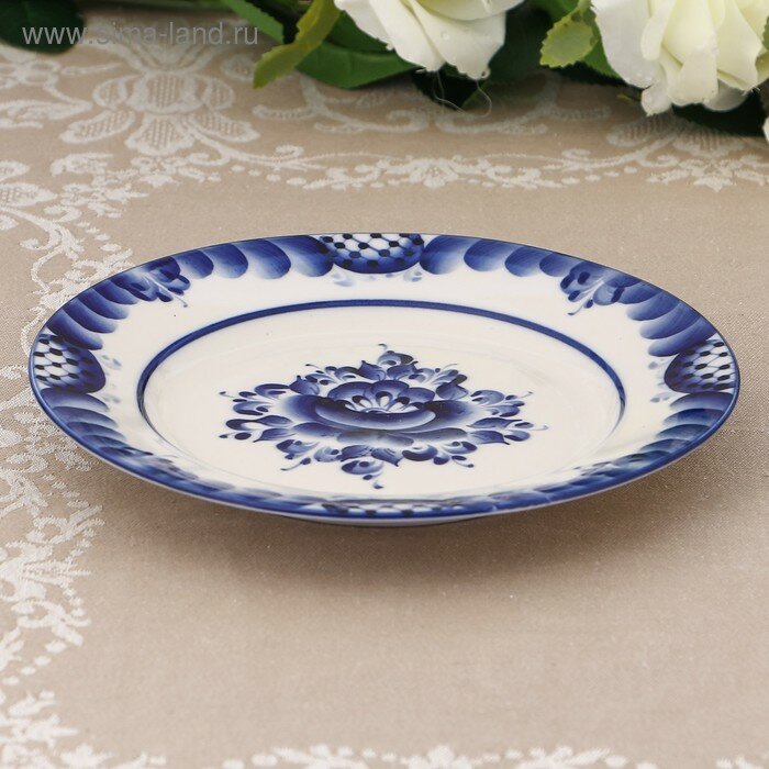 Тарелка плоская «Цветы», d=20 см, гжель, фарфор