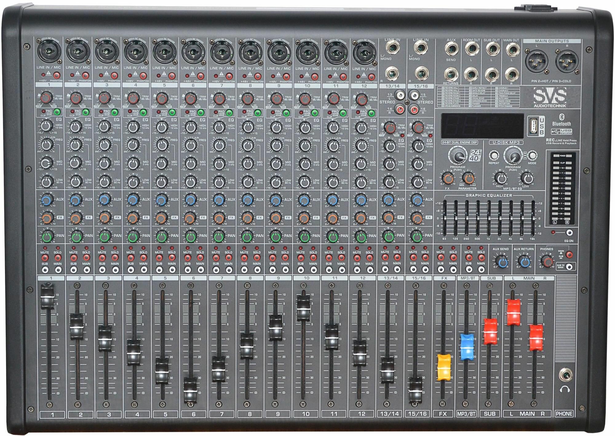 Микшерный пульт аналоговый, 16-канальный SVS Audiotechnik mixers AM-16, Встроенный MP3-плеер с цифровым дисплеем, функцией записи, BLUETOOTH