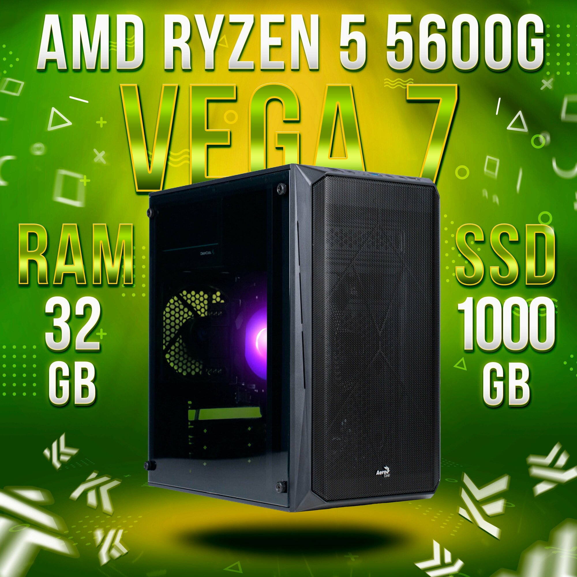 Игровой компьютер (AMD Ryzen 5 5600G, RAM 32 ГБ, SSD 1000 ГБ, AMD Radeon Vega 7), черный
