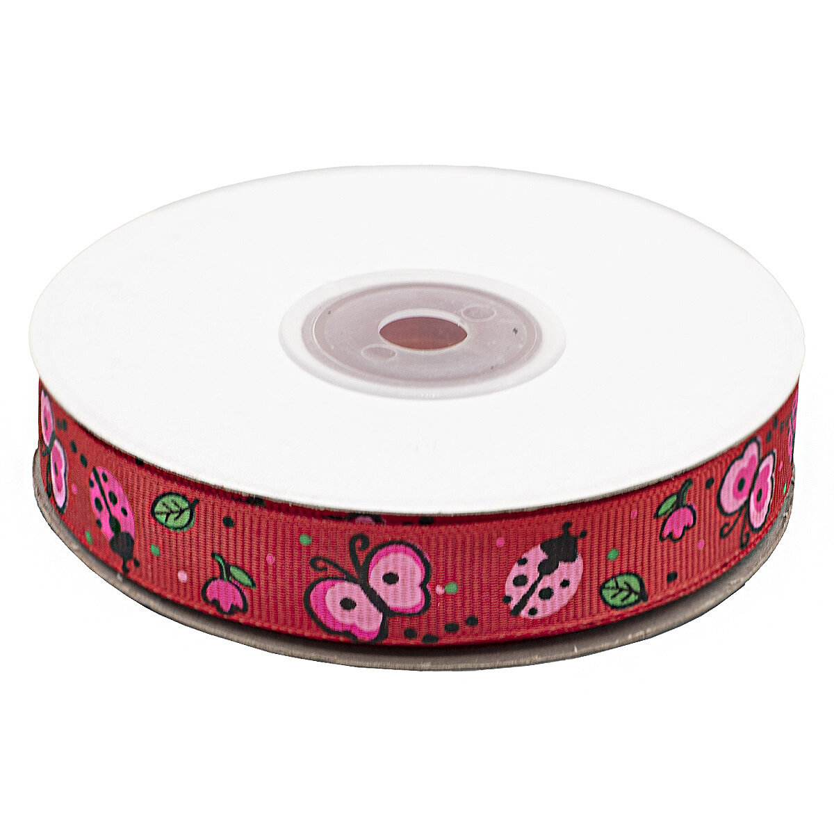 Лента декоративная, упаковочная, репсовая, 1,5 см х 22,86 м, рисунок 'Бабочки и цветы', цвет красный