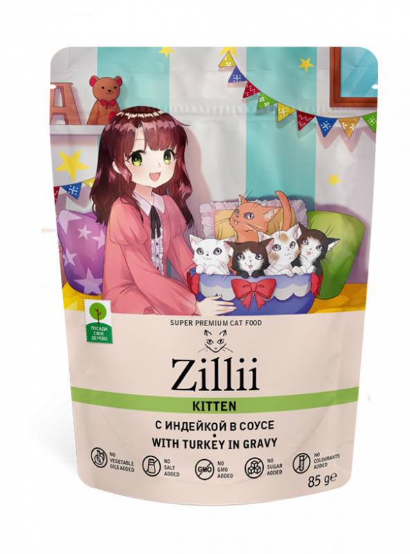 Консервированный корм Zillii для котят с индейкой в соусе, 85 гр