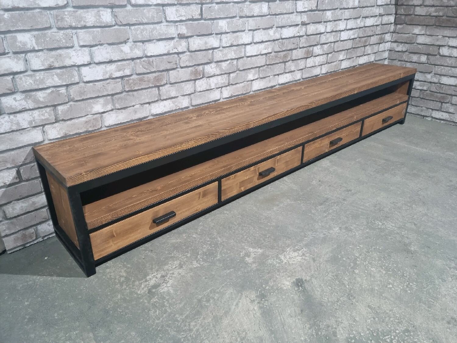 Тумба лофт под телевизор Raka-65, с 4 ящиками, массив дуба, для гостиной, для офиса