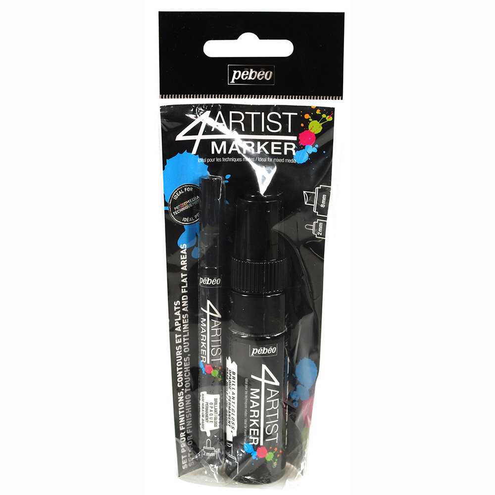 Набор художественных маркеров Pebeo 4Artist Marker, на масляной основе, 2 мм, 8 мм, 2 шт, перо круглое и скошенное, черный