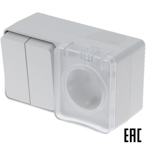 Блок Atlas Design Profi54 ATN543074 выкл. .+роз. евро со штор. горизонт. IP54 серый