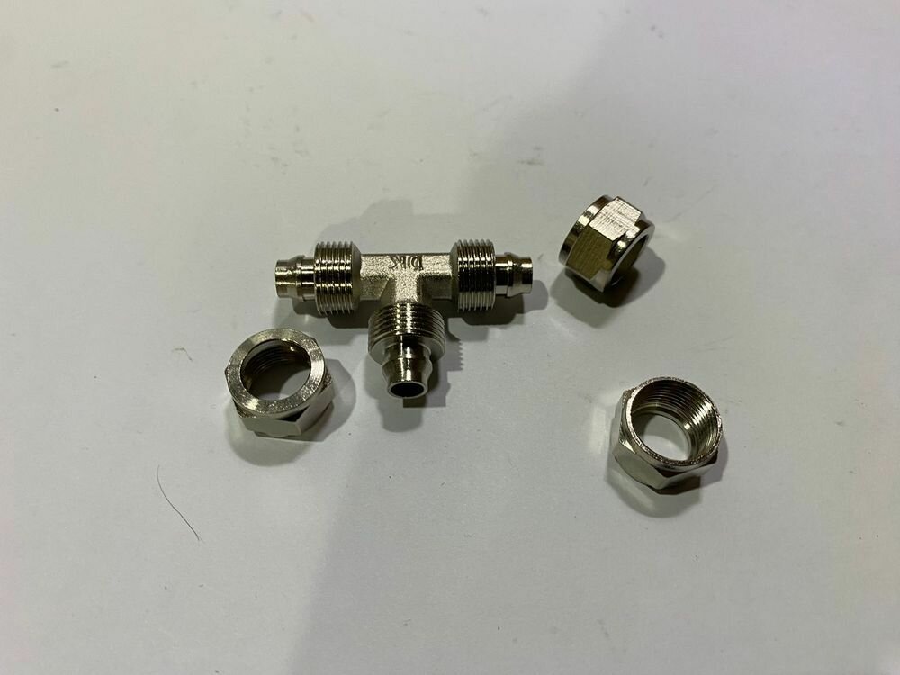 Фитинг тройник Т-образный для трубки 12 мм с накидной гайкой / разборный, пневматический, металл