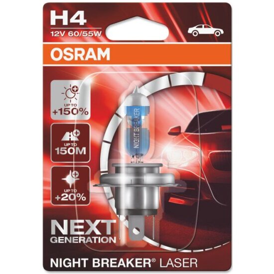 Лампа автомобильная Osram Night Breaker Laser H4 60/55W P43t+150% 4050K 12V, 64193NL-01B