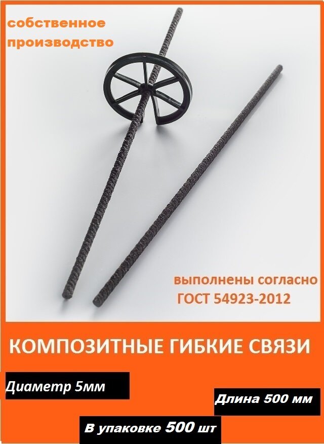 Композитные гибкие связи ГСКА® для кладки и облицовочного кирпича с песчаным напылением, d-5 mm, L-500 mm, 500 шт.