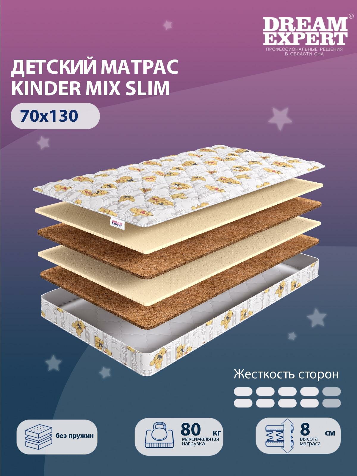 Матрас детский DreamExpert Kinder Mix Slim выше средней жесткости, односпальный, беспружинный, на кровать 70x130
