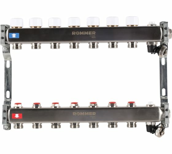 Коллектор из нержавеющей стали без расходомеров ROMMER, с клапаном вып. воздуха и сливом 7 выходов RMS-3201-000007