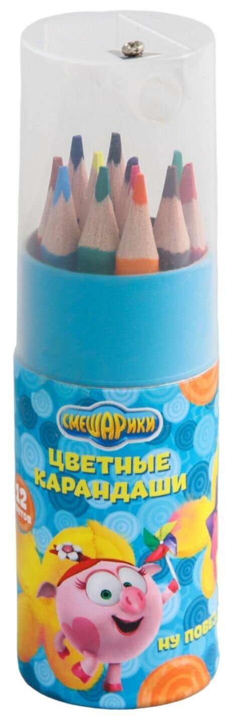 Цветные карандаши мини 12 цветов "Смешарики" с точилкой, в тубусе, набор для школы, рисования и детского творчества