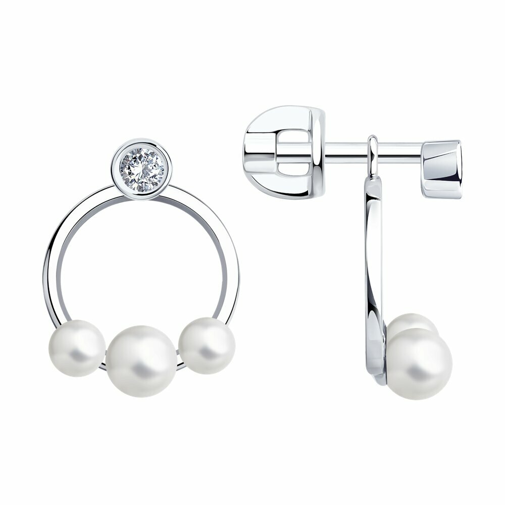 Серьги пусеты, серебро, 925 проба, родирование, жемчуг имитация, фианит