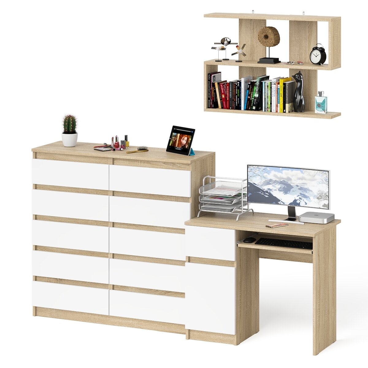 Комод 10-ть ящиков СВК Мори МК1200.10 с компьютерным столом левый и полкой цвет дуб сонома/белый